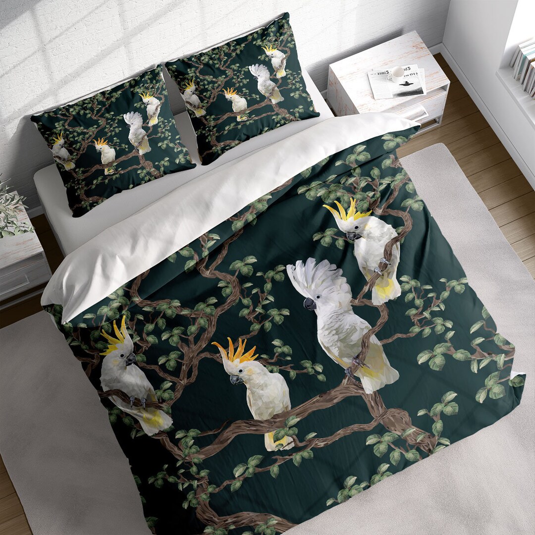 Paint Forest White Parrot Duvet Cover Set, Green Wildlife Bedding ...