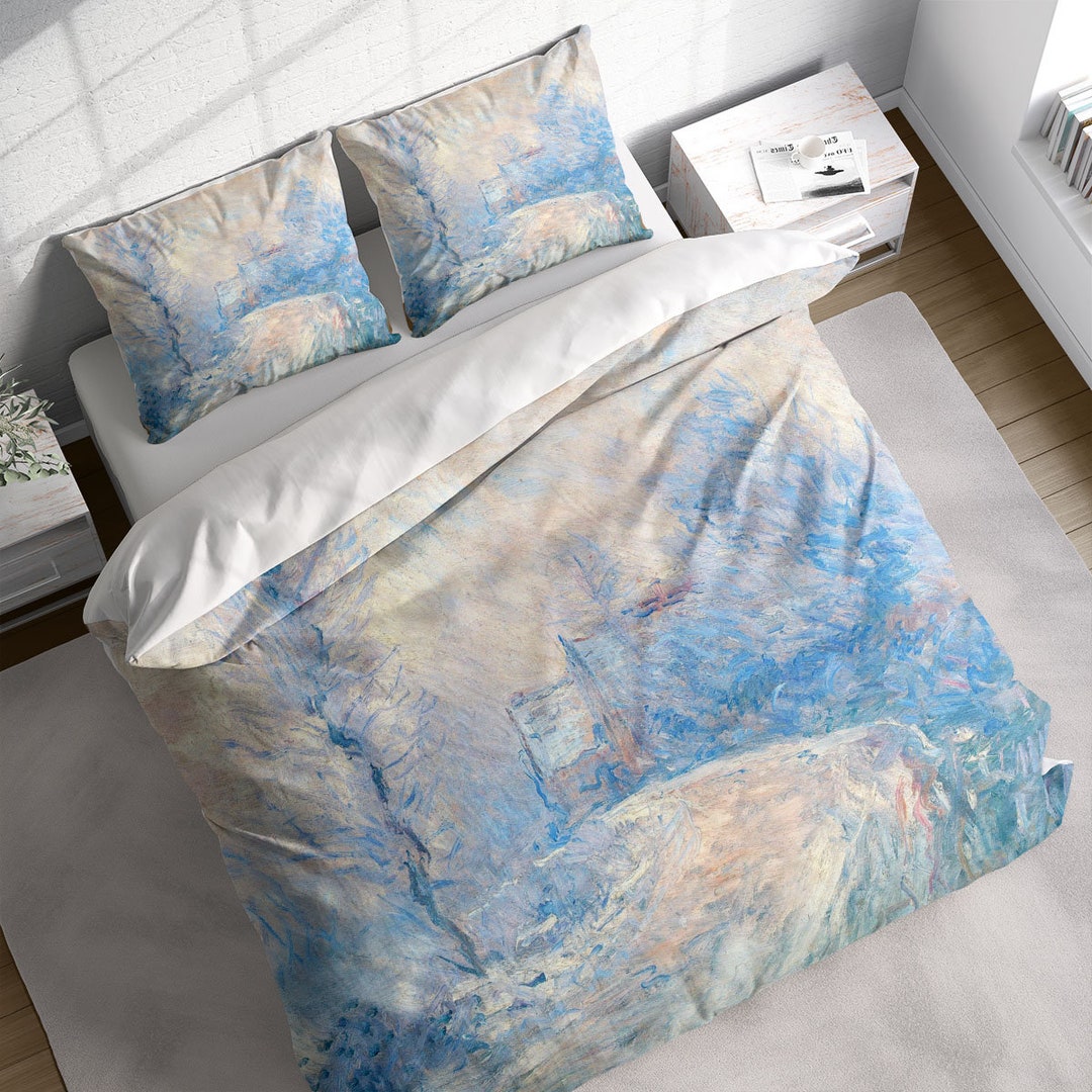 Sky Winter Village Duvet Cover Set, Claude Monet Oil Painting the ...