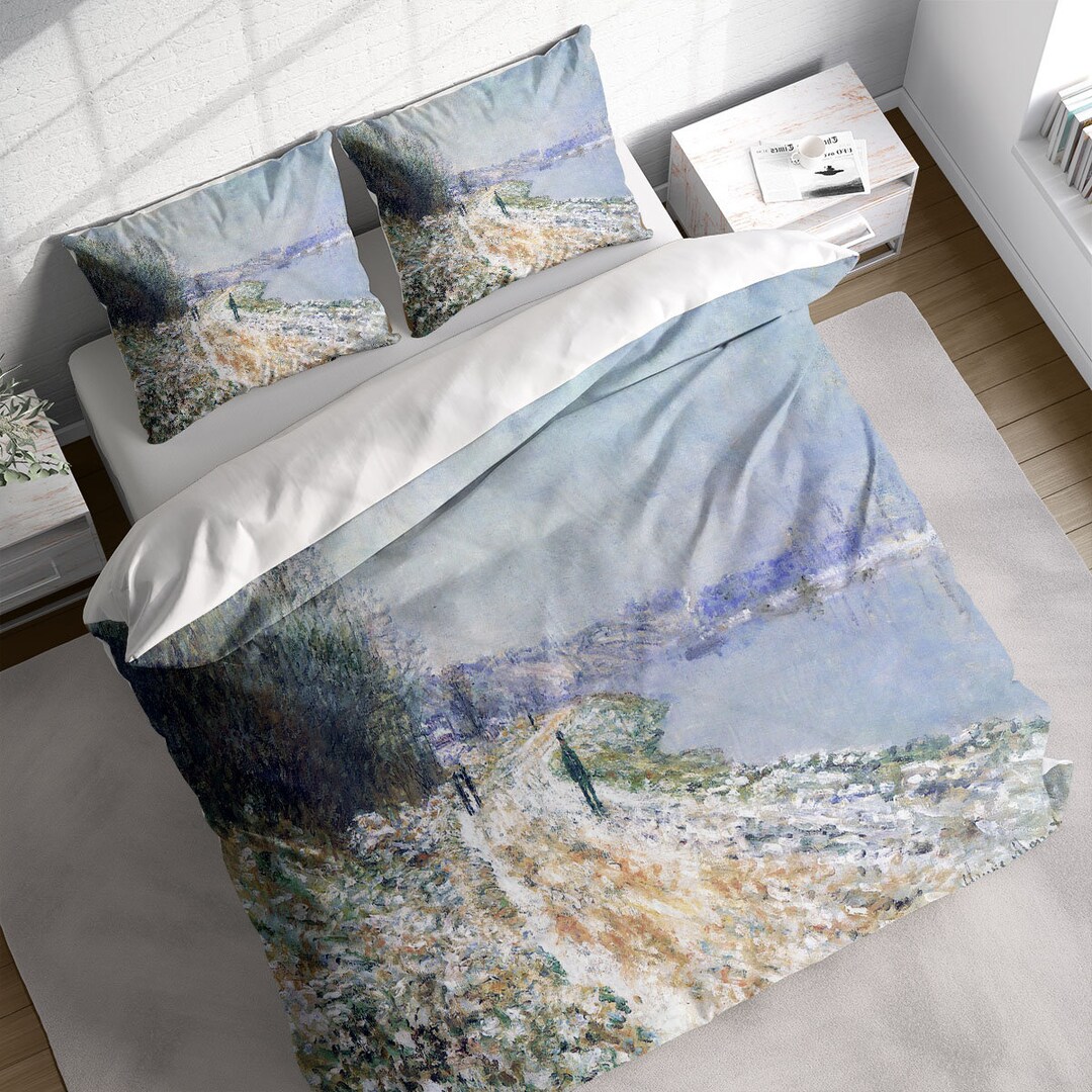 Snowy Village Road Duvet Cover Set, Claude Monet Oil Painting the Tow ...