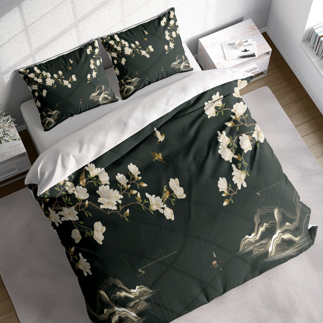 Magnolia Flower Painting Duvet Cover Set, Dark Floral Bedding, Japanese ...