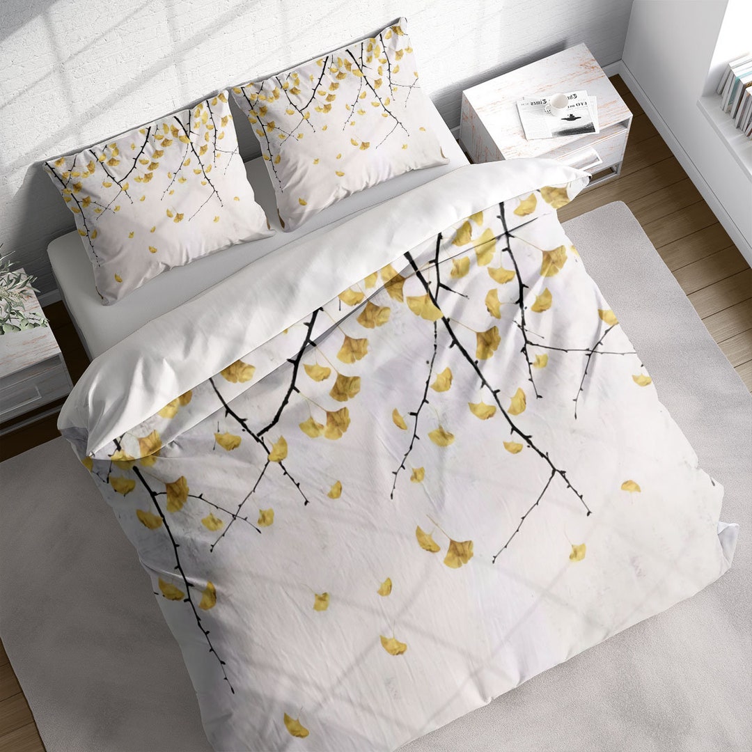 Golden Japanese Ginkgo Leaves Painting Duvet Cover Set W Pillowcases ...