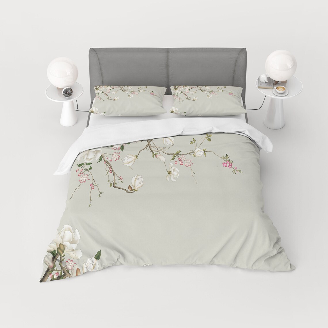 Chinoiserie White Magnolia Flower Duvet Cover Set, Botanical Bedding ...