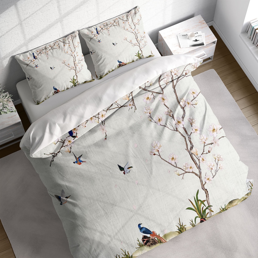 Magnolia Flower Bird Hillside Duvet Cover Set, Botanical Quilt Cover ...