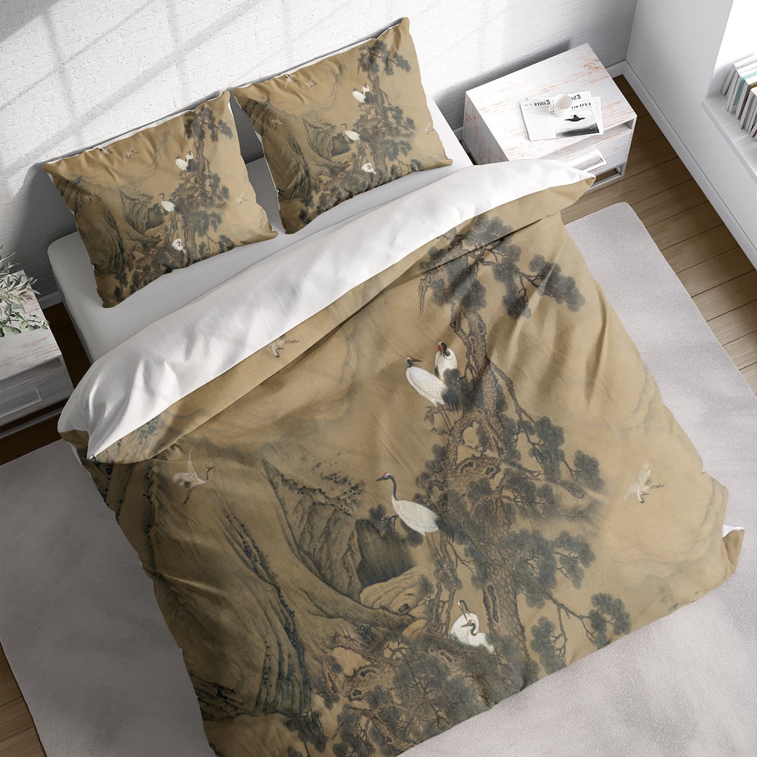 Chinese Crane Pine Mountain Duvet Cover Set, Vintage Birds Leaves Quilt ...