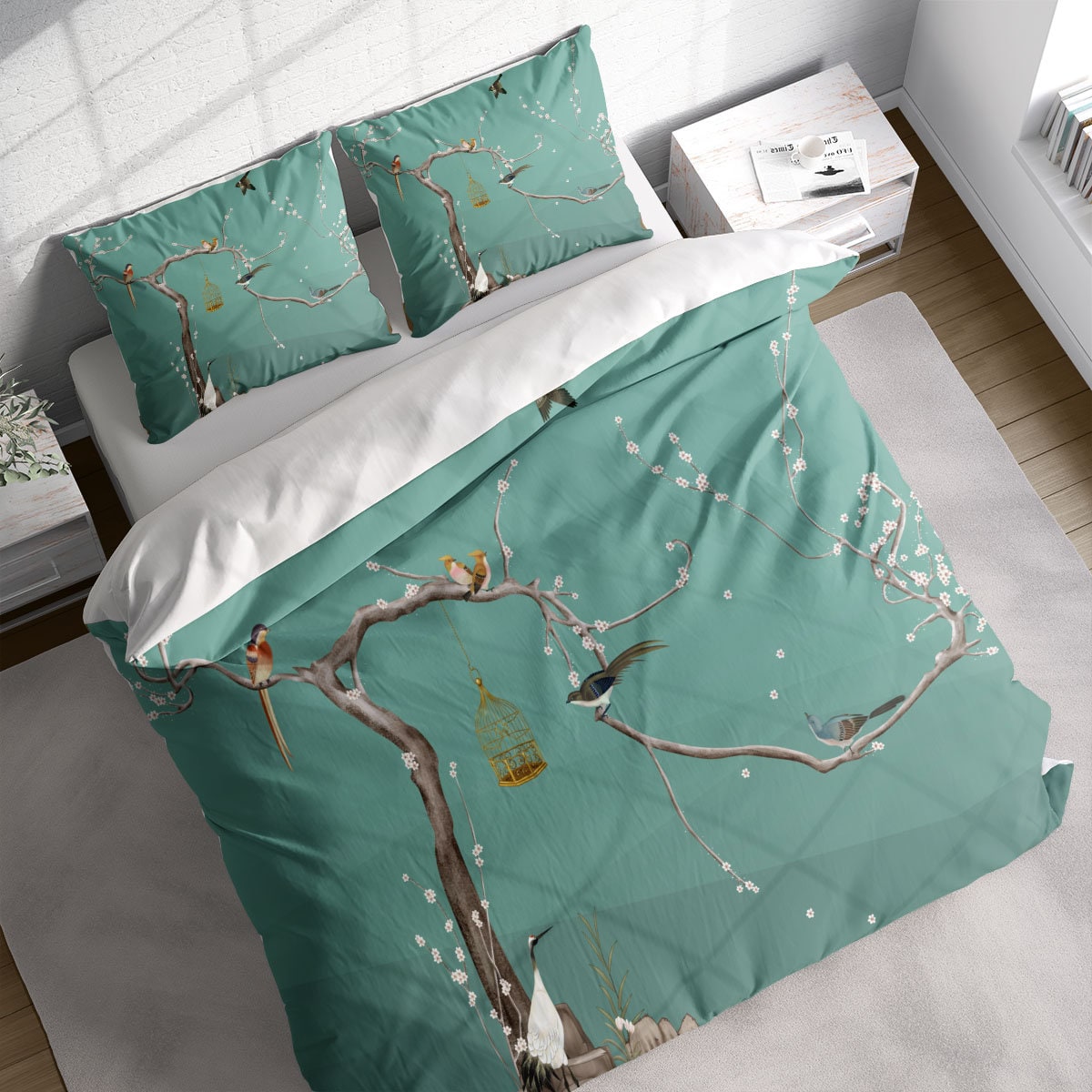 Flower Tree Robin Crane Duvet Cover Set Botanical Quilt - Etsy