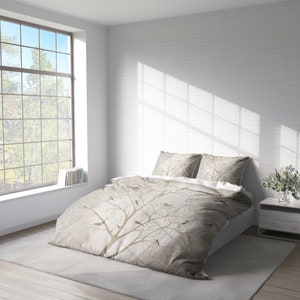 Birds Tree Branches Painting Duvet Cover Set, Grey Beige Nature ...