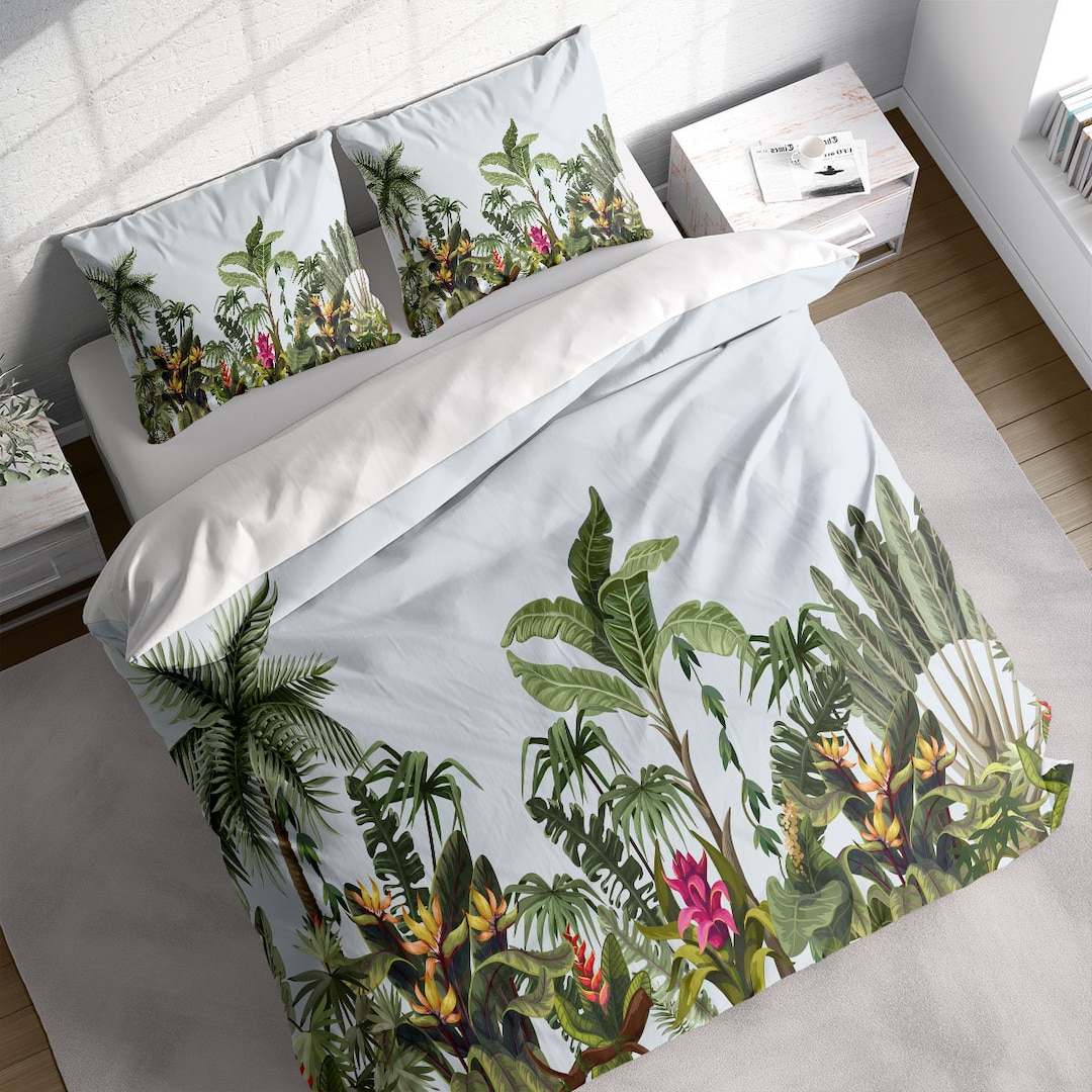 Rainforest Flowers Duvet Cover Set, Green Floral Bedding, Single Double ...