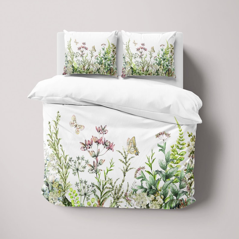 Flower Garden Butterflies Duvet Cover Set, Green Botanical Bedding Set ...