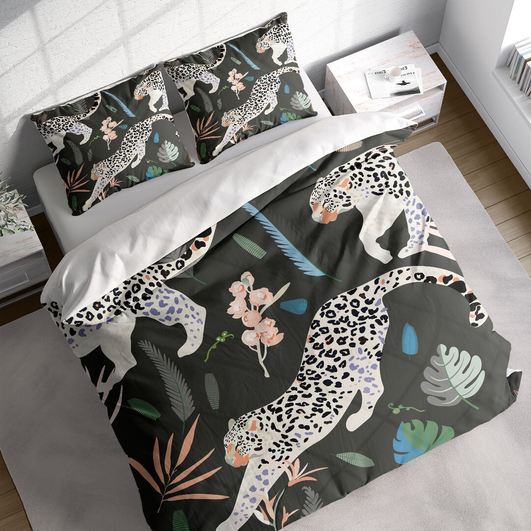 Cheetah Flower Jungle Duvet Cover Set, Black Wildlife Bedding, Single ...