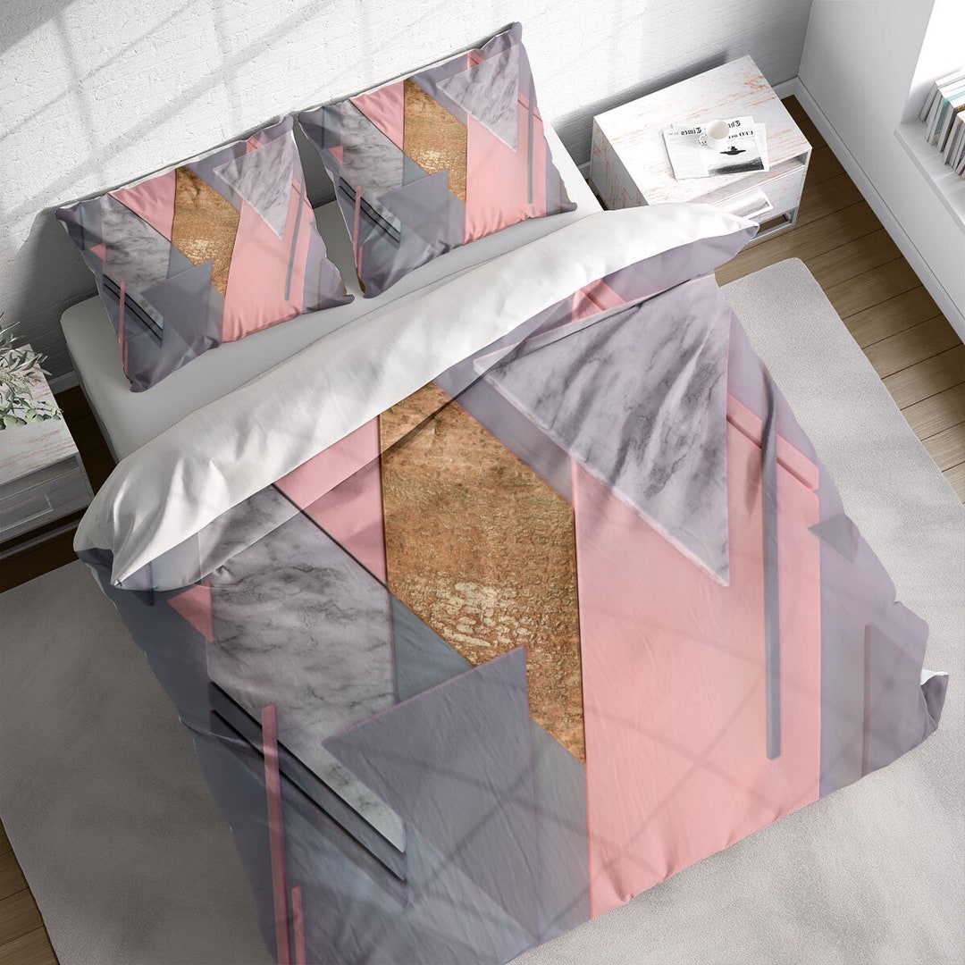 Geometric Marble Duvet Cover Set, Pink Bedding Set, Marble Texture ...