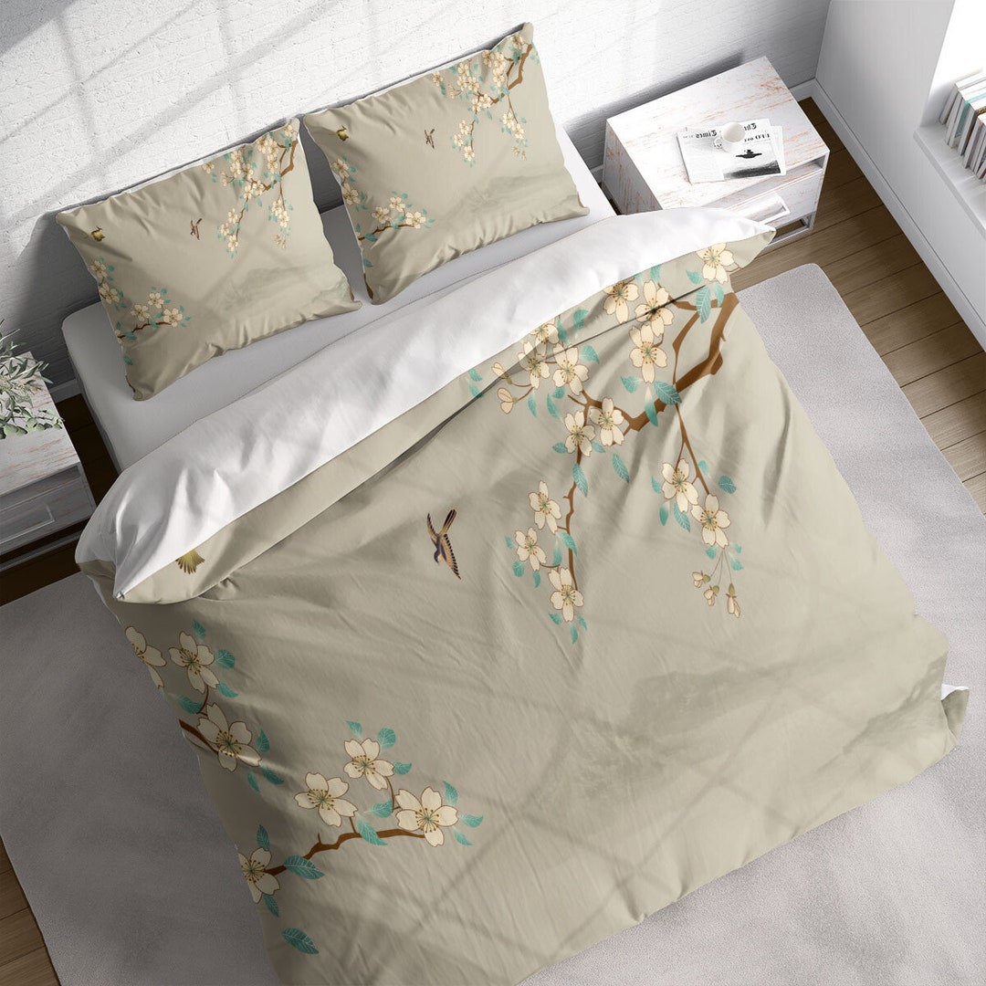 Yellow Flower Branch Sparrow Birds Duvet Cover Set, Botanical Bedding ...