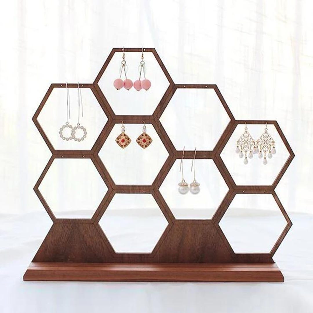 Stylish Wooden Beehive Earring Display Holder Hexagon Honeycomb Jewelry ...