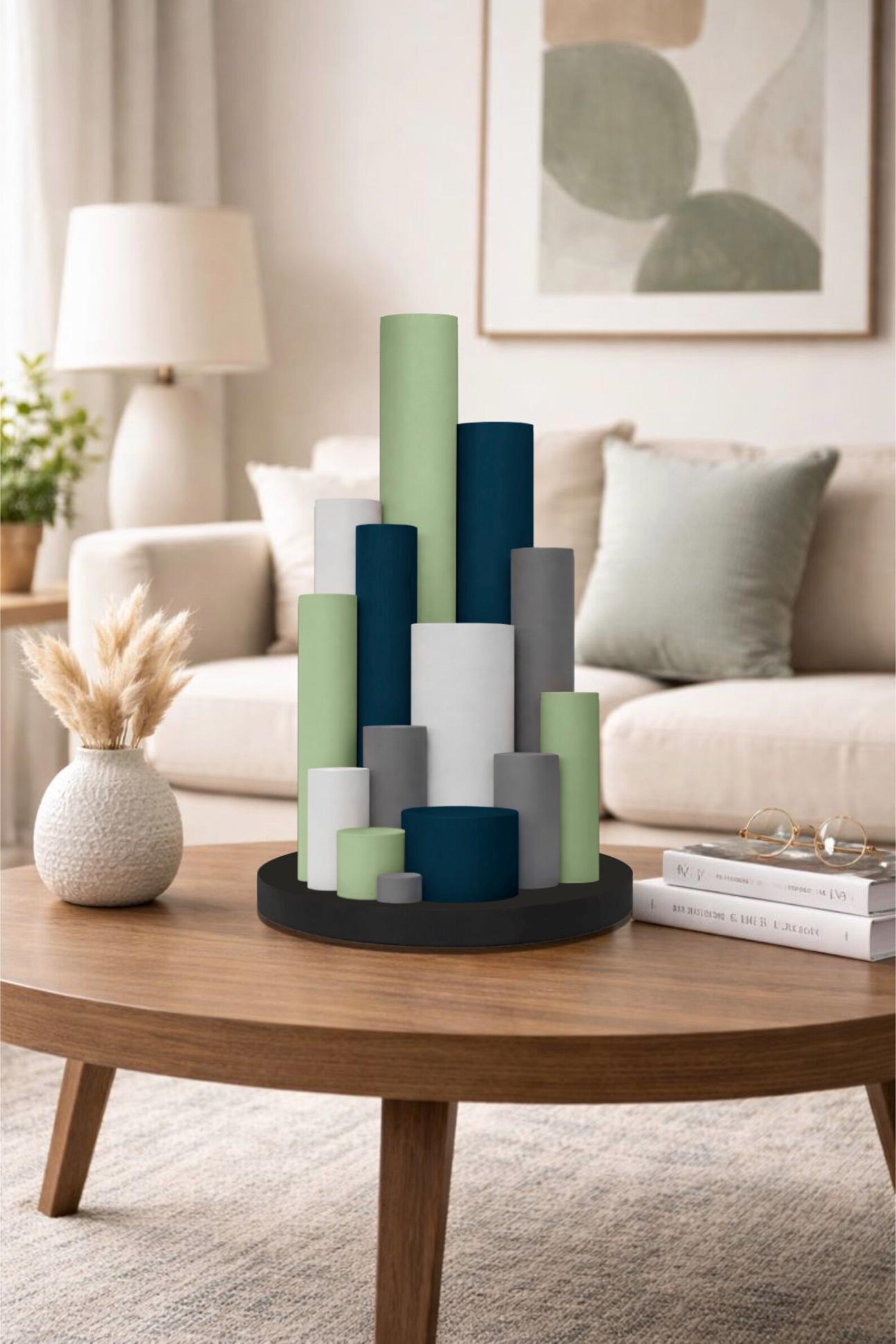 Modern Wooden Tabletop Sculpture | Abstract Cylindrical Art in Sage ...