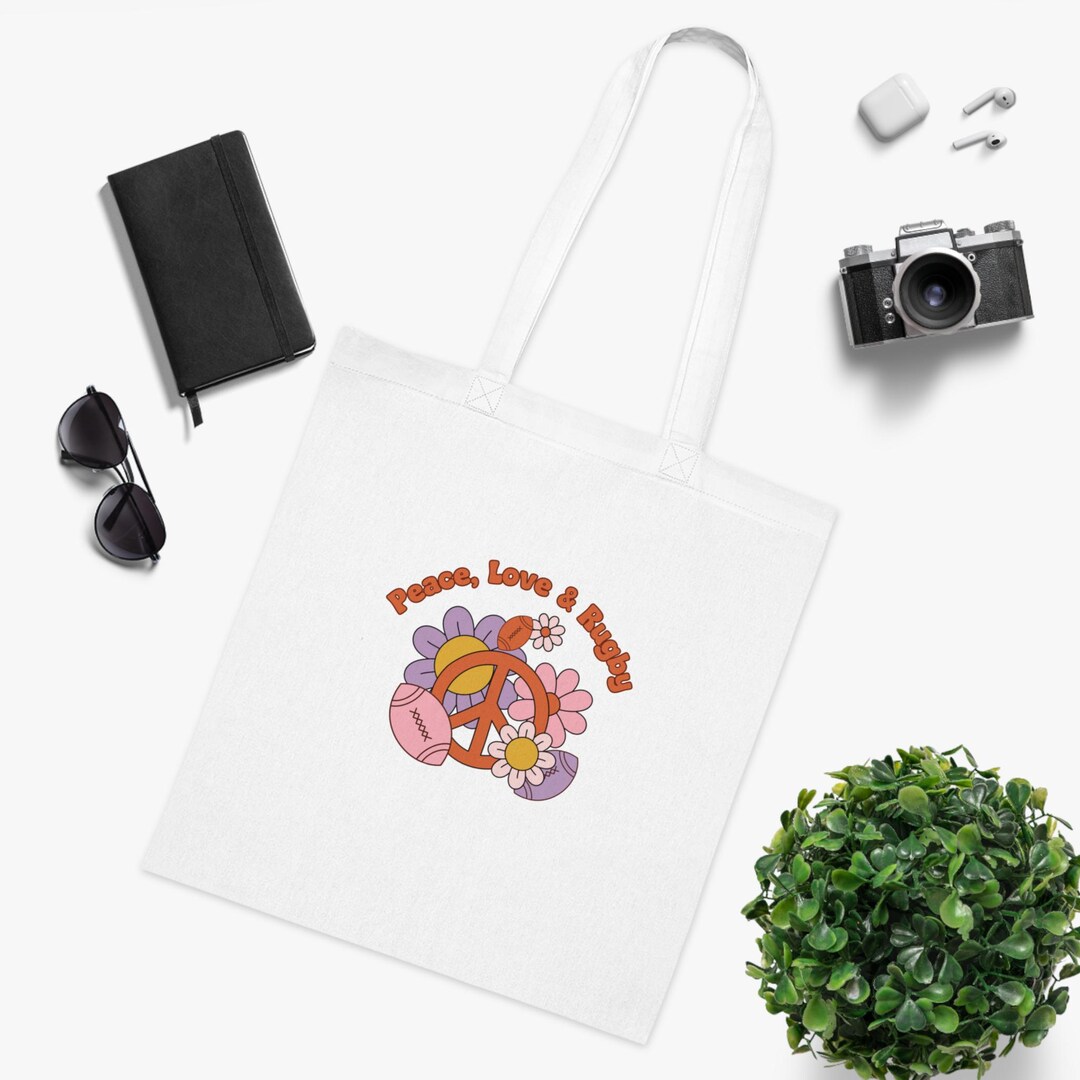 Peace Love & Rugby Flowers Cotton Tote | Retro Peace Sign Floral Design ...