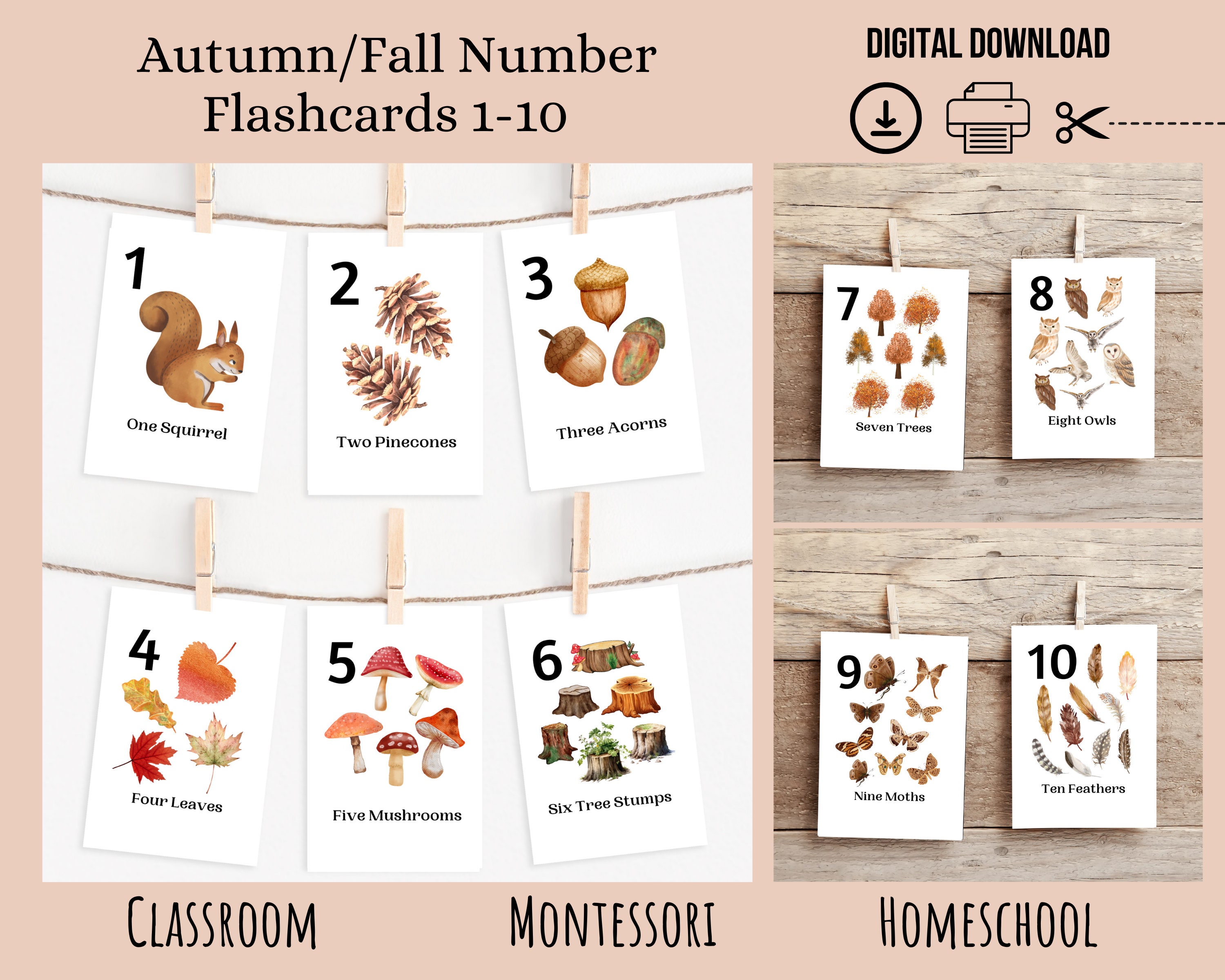 Autumn Number Flashcards 1-10 Printable Nature Number Cards - Etsy