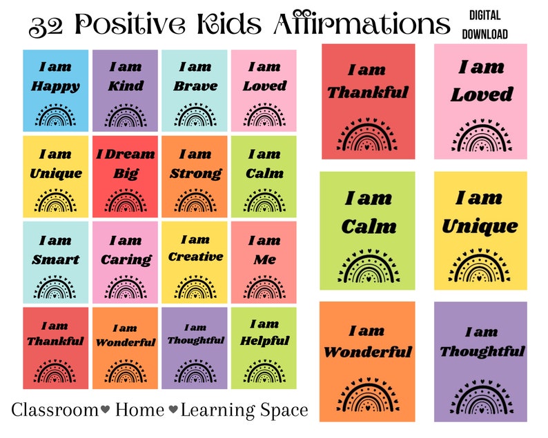 Kids Positive Affirmation Cards, Mindfulness, Set of 32 Printable ...