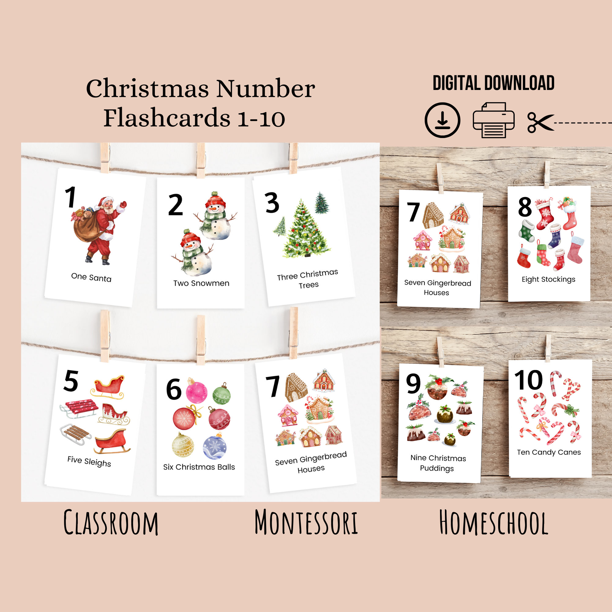 Christmas Number Flashcards 1-10, Homeschool Printable (PDF) - Etsy