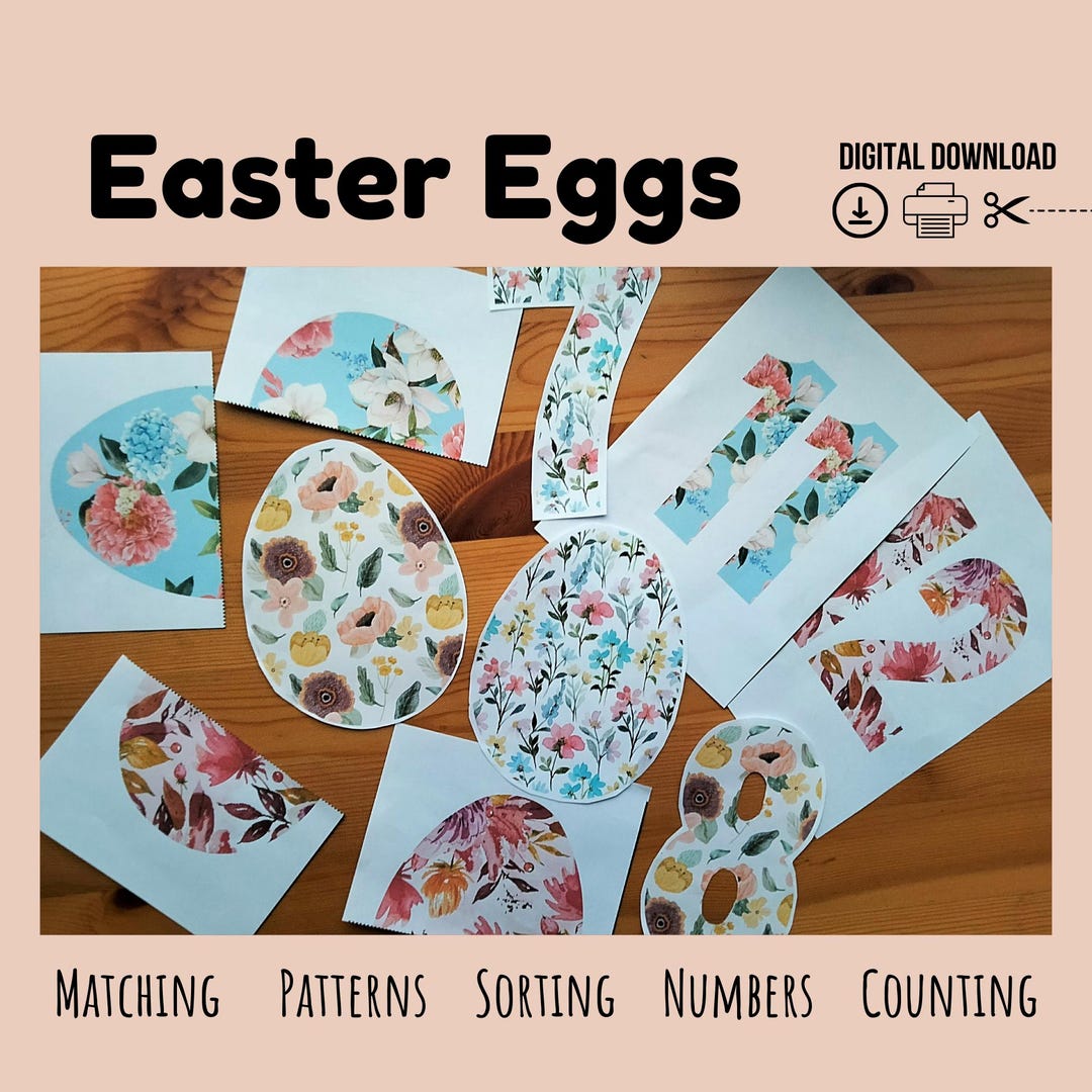Easter Egg Matching Cards, Printable Floral Easter Eggs, Floral Numbers ...