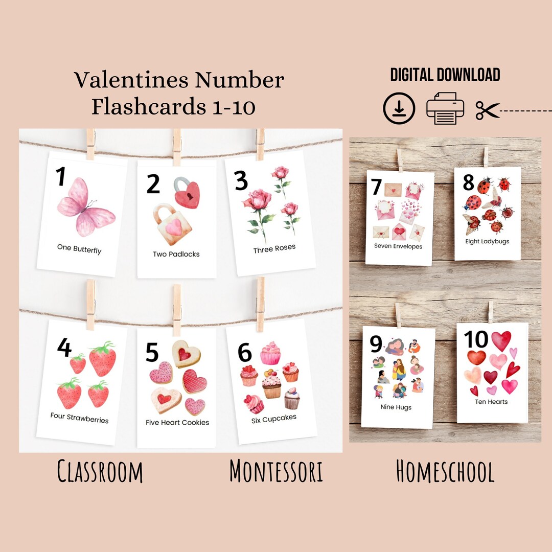 Valentines Day Number Flashcards 1-10 Printable, Preschool Number Cards ...