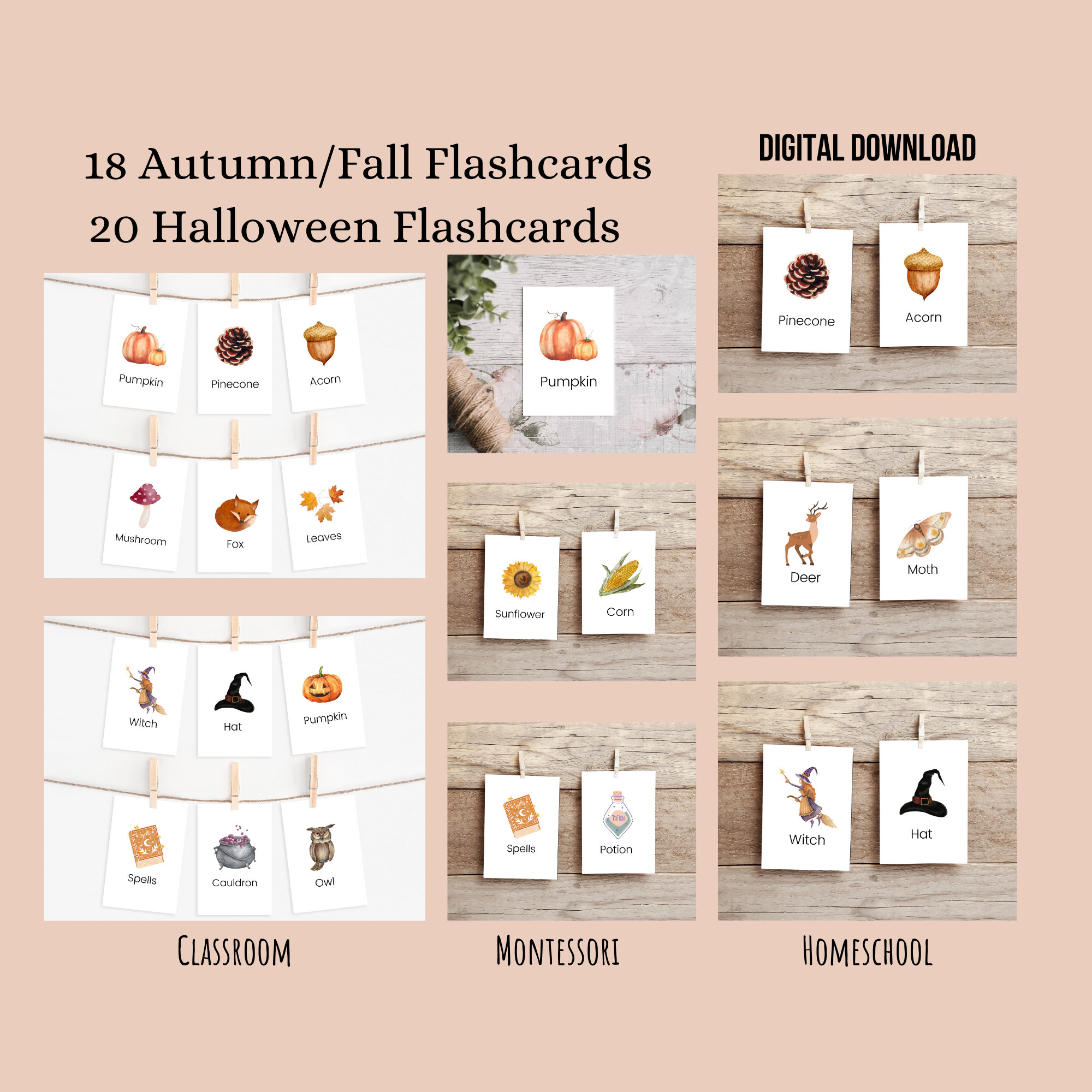 18 Autumn Flashcards, Fall Flashcards Bundle, 20 Halloween Flashcards ...