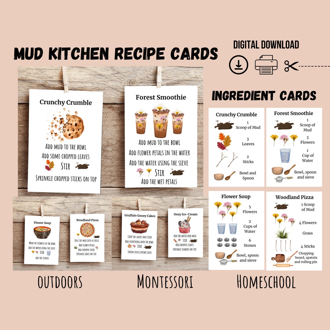 Printable Mud Kitchen Recipe Cards, Ingredient Cards, Montessori ...