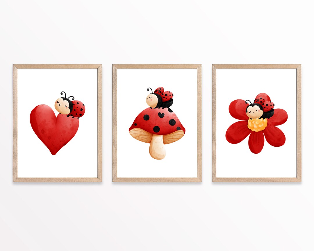 Ladybug Printable Art Set of 3, Ladybug Valentines Wall Art, Valentines ...