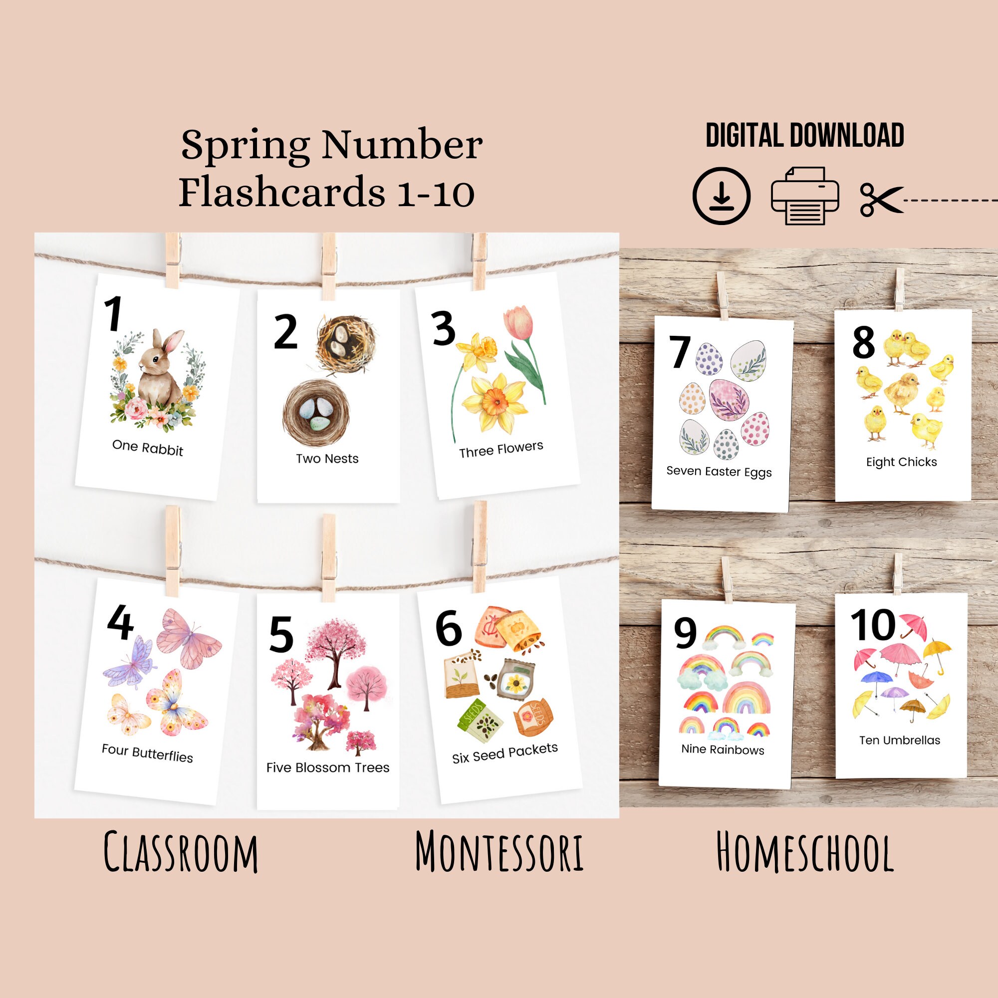 Spring Number Flashcards 1-10 Printable, Nature Number Cards, Spring ...