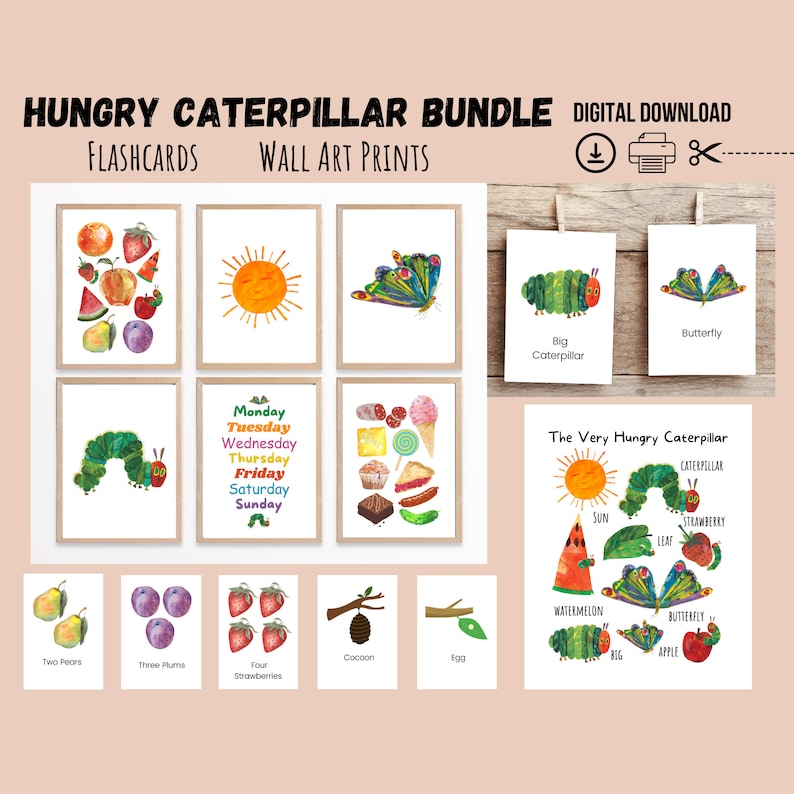 The Very Hungry Caterpillar Printable Wall Art, 28 Flashcards ...