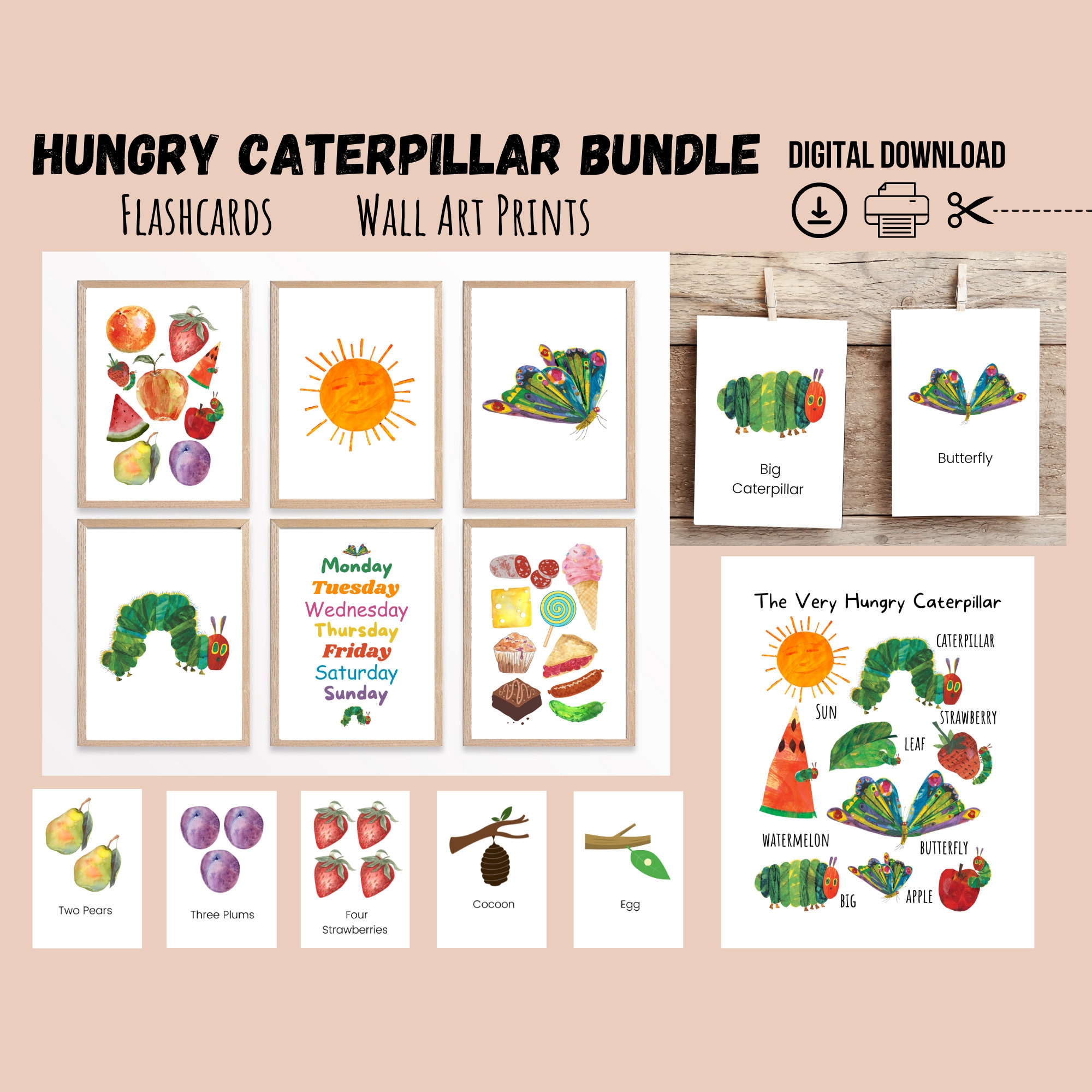 The Very Hungry Caterpillar Printable Wall Art 28 Flashcards - Etsy ...