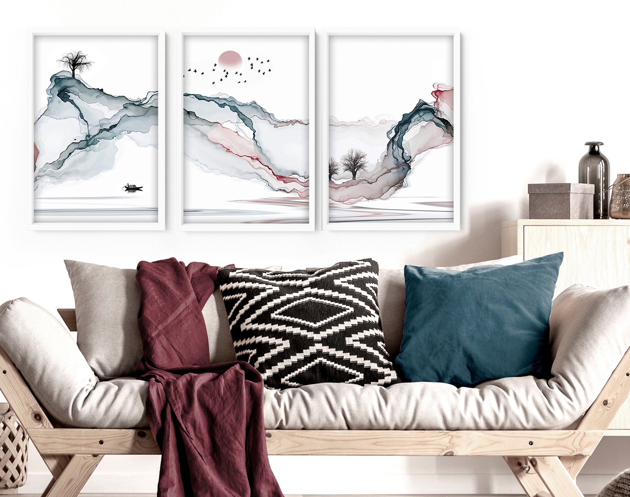 Calming Watercolor Painting Print Set of 3 Minimalist Wall | Etsy