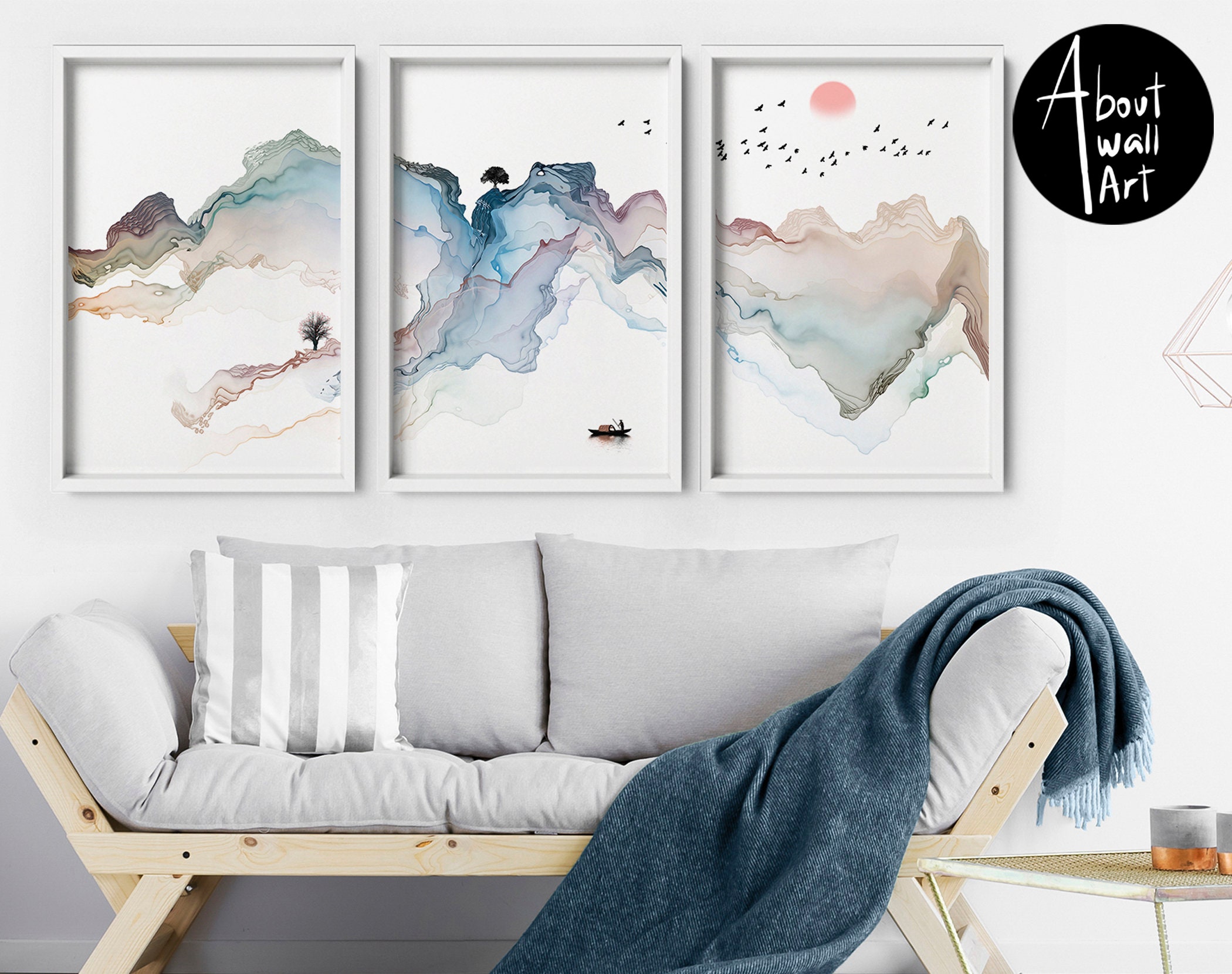 Calming Watercolor Painting Print Set of 3 Minimalist Wall | Etsy