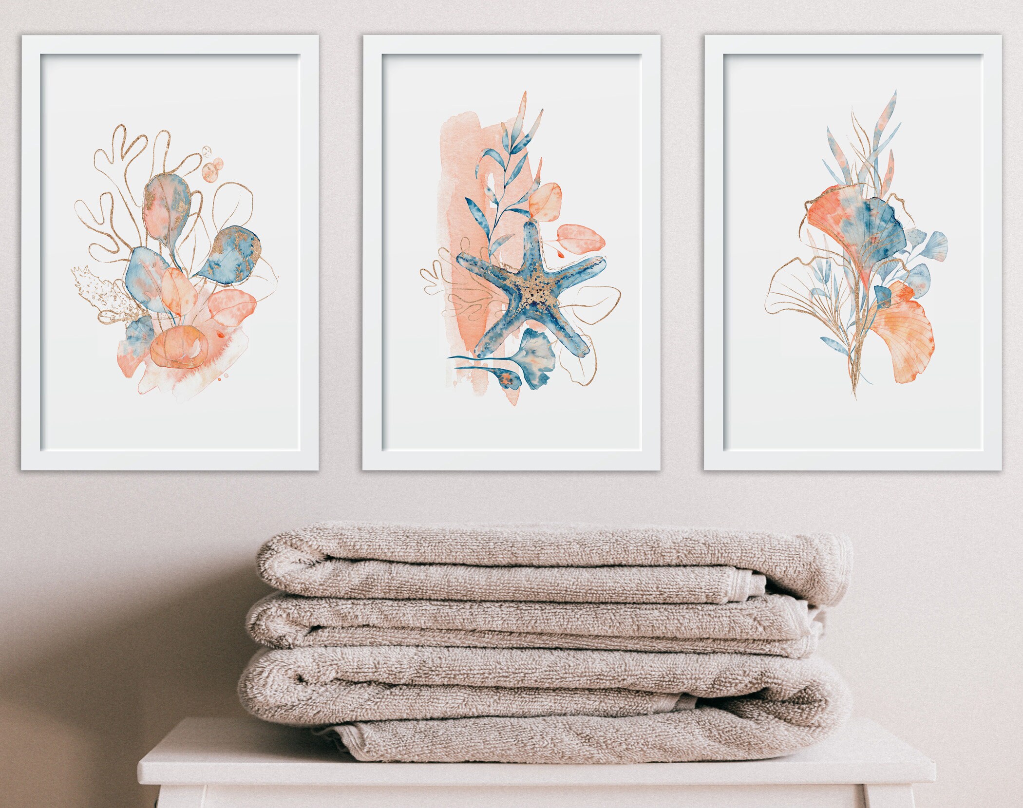 Bathroom prints Set of 3 Seashell art bathroom wall decor | Etsy