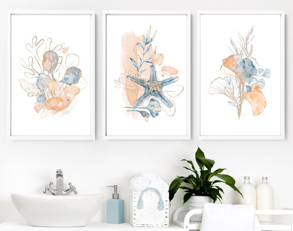 Bathroom Prints Set of 3 Seashell Art Bathroom Wall Decor | Etsy