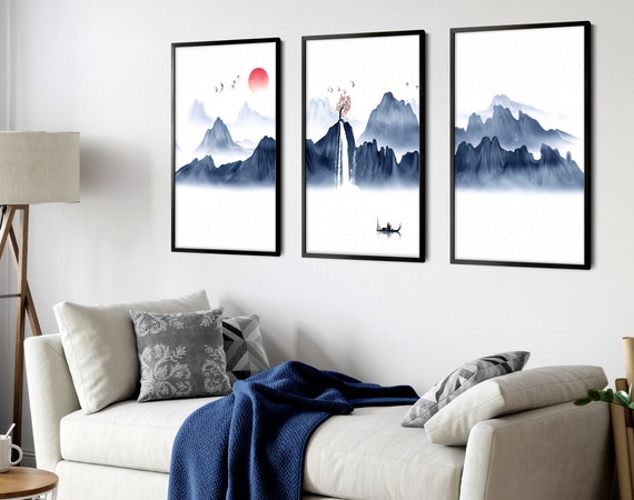 Japanese Blue Landscape Set of 3 Framed Panel Wall Art Prints - Etsy