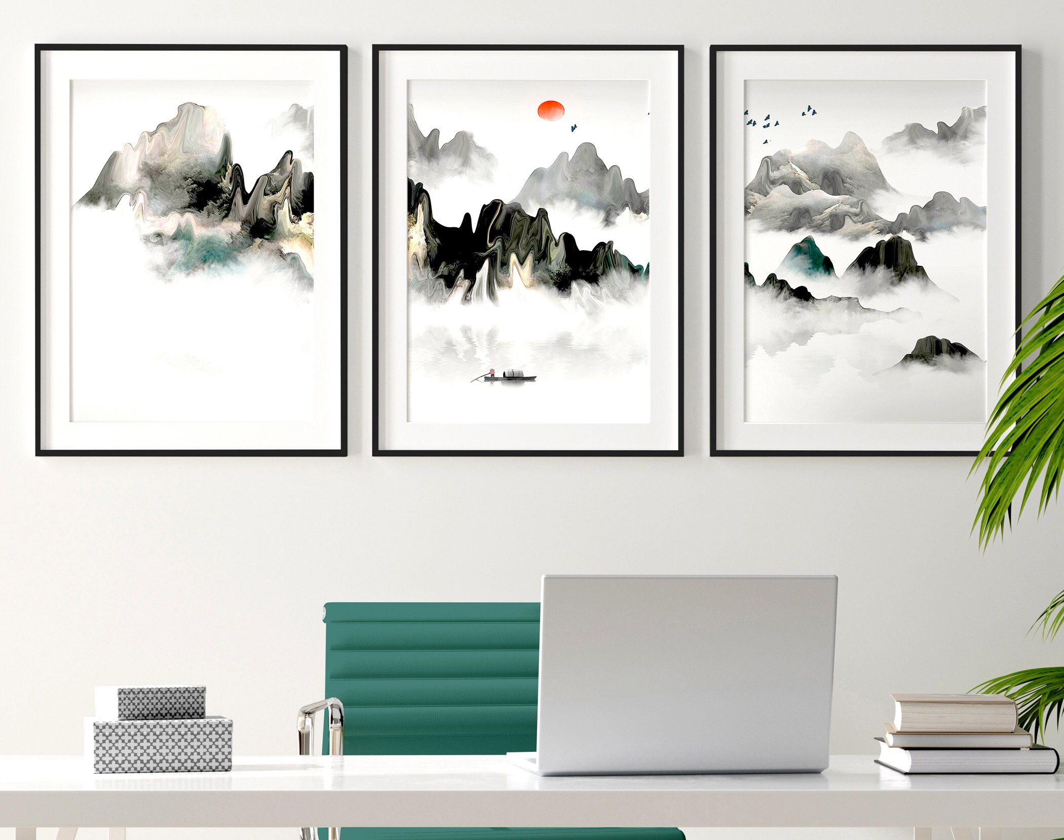 Japanese Teal Calming Office Decor Set of 3 Framed Panel Wall | Etsy
