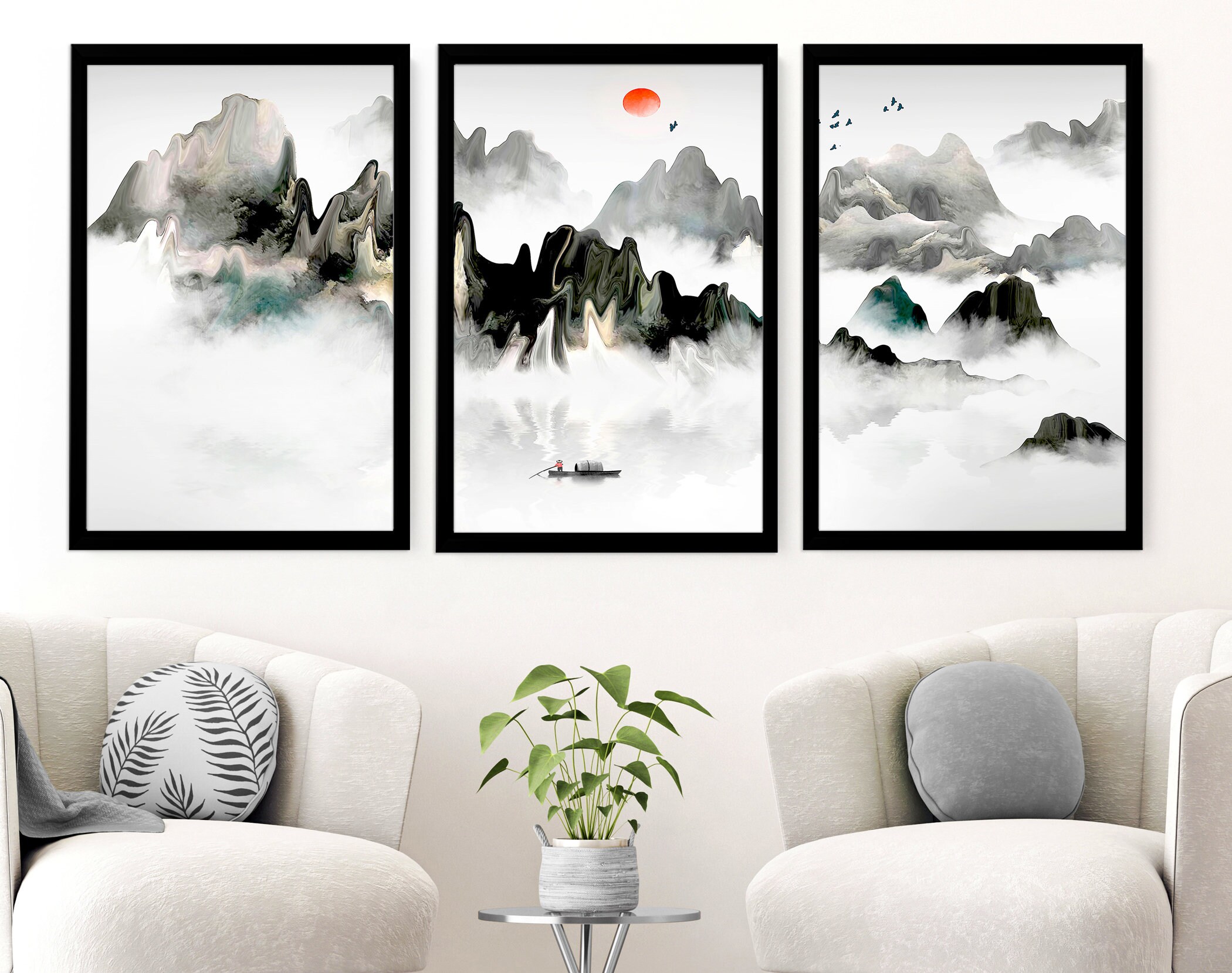 Japanese Teal Calming Office Decor Set of 3 Framed Panel Wall | Etsy