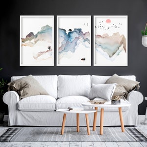 Calming Watercolor Painting Print | Set of 3 Minimalist Wall Prints ...