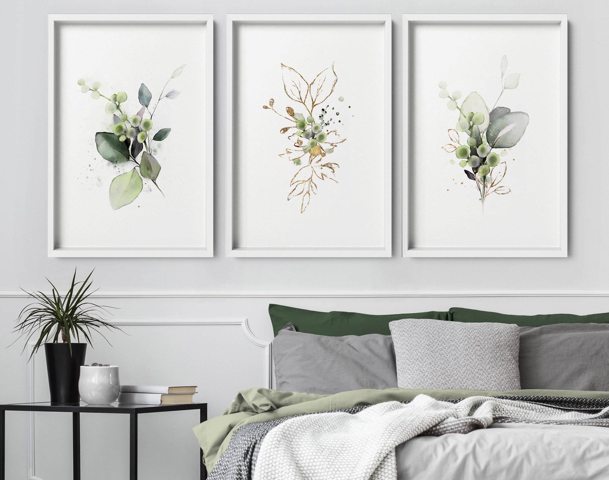 Botanical Watercolor Greenery Set of 3 Piece Wall Art Decor | Etsy