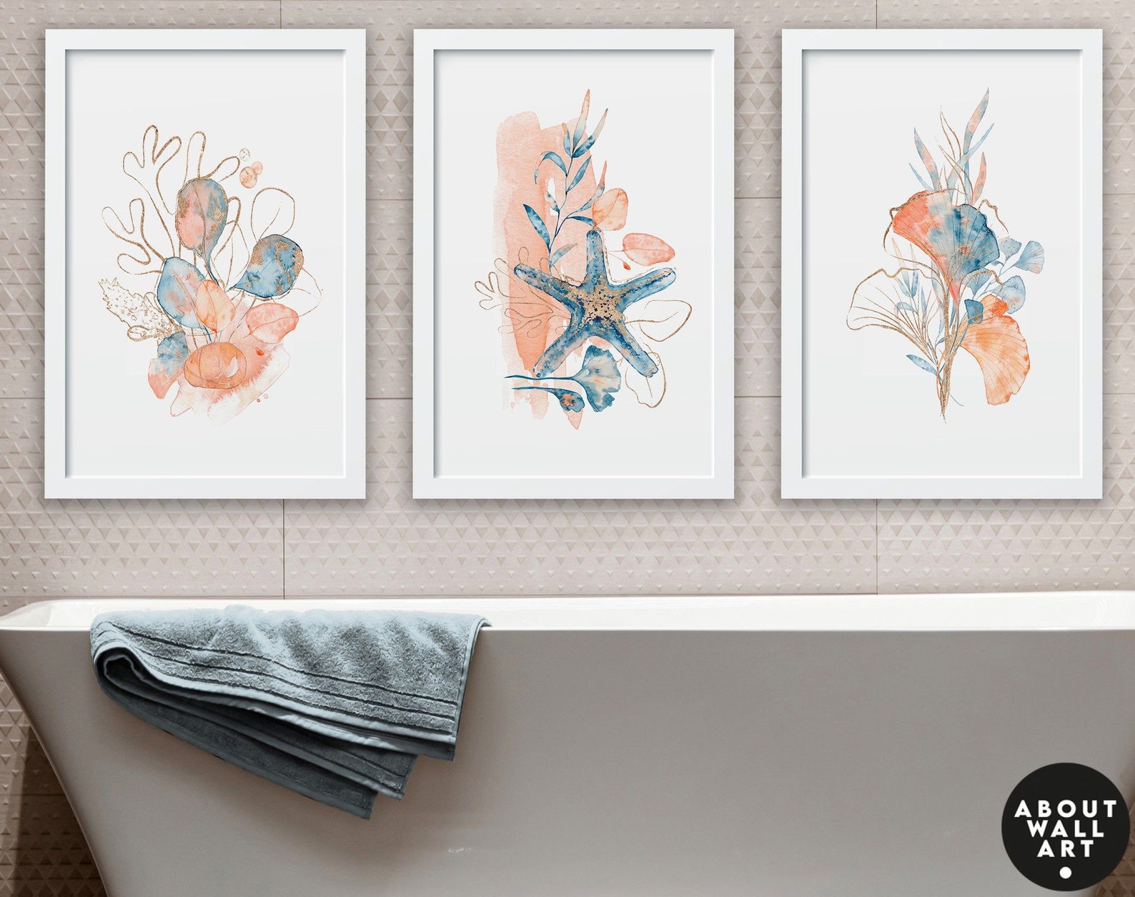 Bathroom prints Set of 3 Seashell art bathroom wall decor | Etsy
