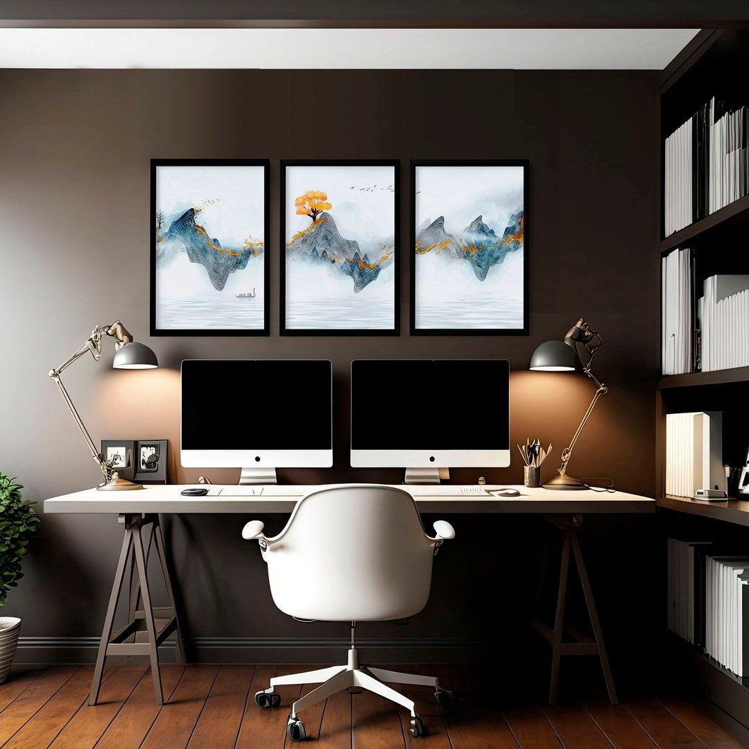 Japanese Landscape Office Desk Decor for Woman or Men Set of 3 Framed ...