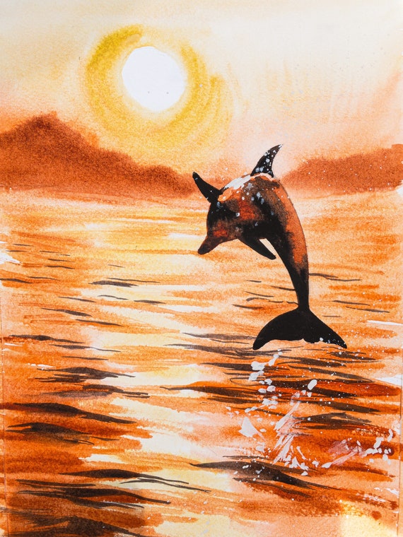 Watercolor hand painted jumping dolphin art with beautiful | Etsy