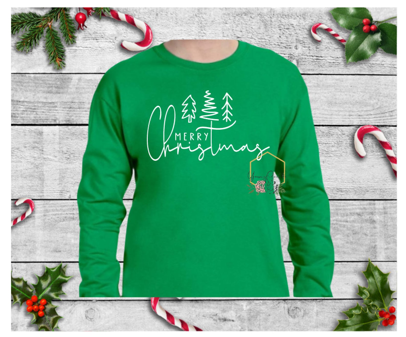 Merry Christmas Tree Shirt: Adult Holiday Cotton Long Sleeve - Etsy
