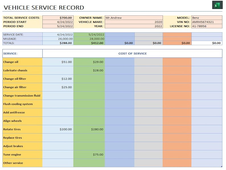 Vehicle Service Record Log Printable | Mileage Log | Car Maintenance ...
