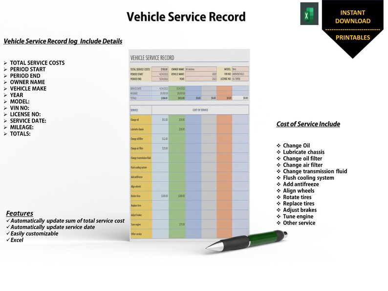 Vehicle Service Record Log Printable | Mileage Log | Car Maintenance ...