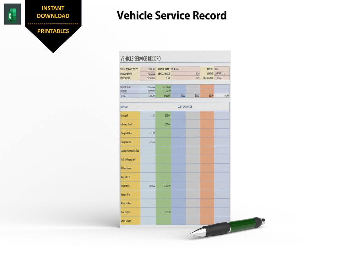 Vehicle Service Record Log Printable | Mileage Log | Car Maintenance ...