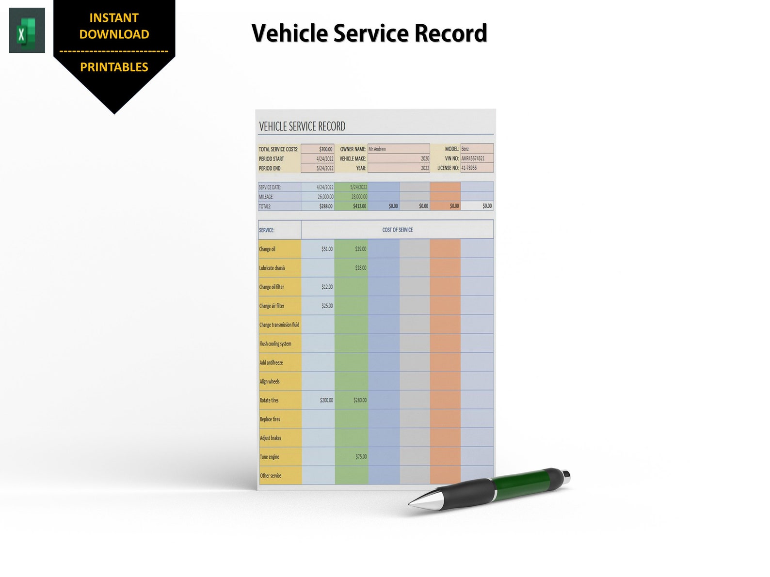 Vehicle Service Record Log Printable | Mileage Log | Car Maintenance ...