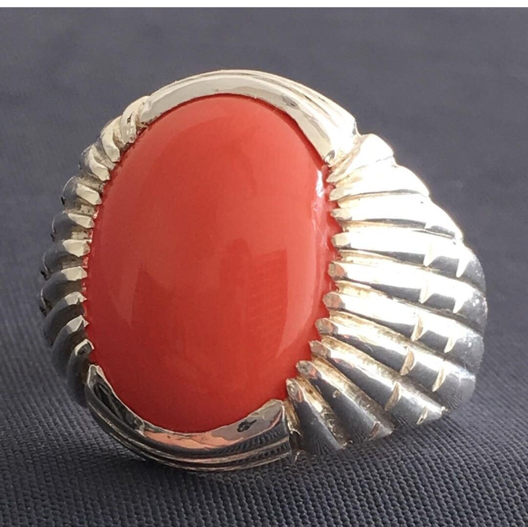 Natural Dark Deep Red Coral Marjan Ring Women Coral Rings Mens Coral ...