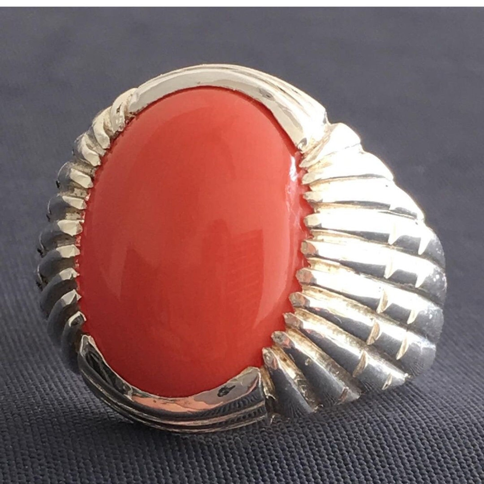 Natural Dark Deep Red Coral Marjan Ring Women Coral Rings Mens Coral ...