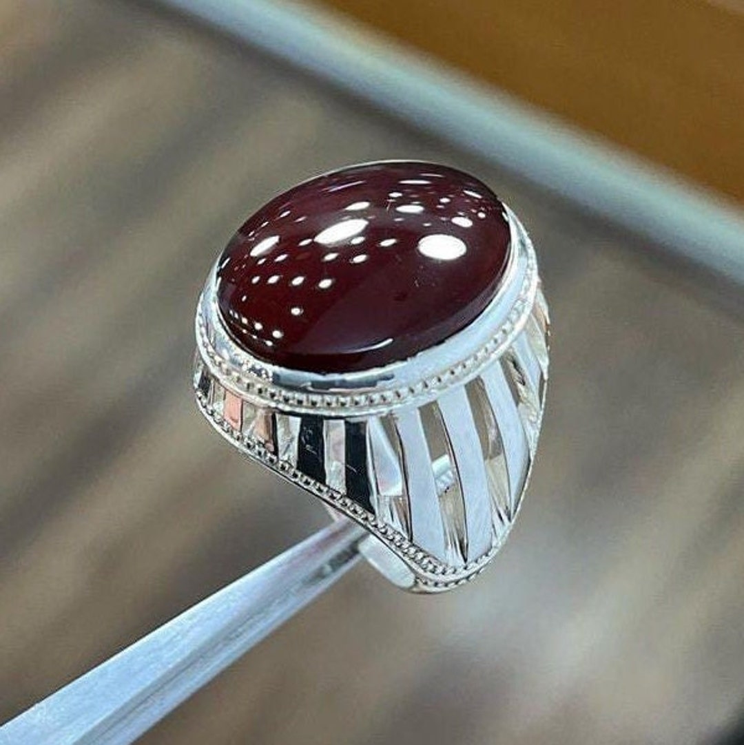 Natural Yemeni Aqeeq Ring Blood Red Yameni Agate Ring Sterling Silver ...