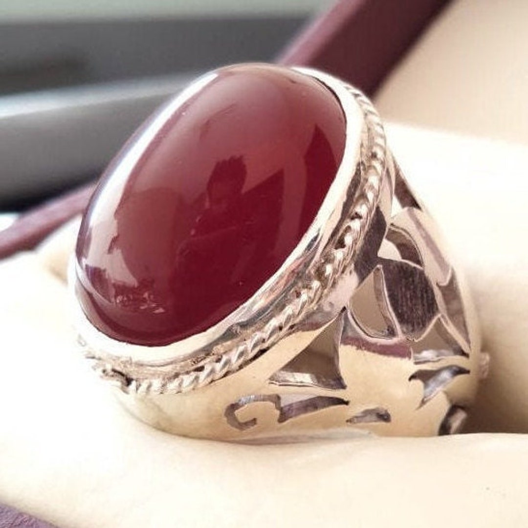 Real Aqeeq Ring for Men Blood Red Kabadi Agate Akik Rings Islamic Ring ...